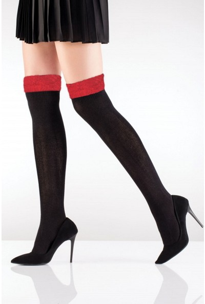 Hane14 Kırmızı Kürk Uçlu Pamuklu Dizüstü Çorap Siyah