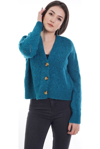 Butikburuc Kadın Petrol Düğmeli Örgü Şeritli Hırka