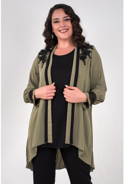 Kifayet Giyim Kadın Haki Dantel ve Çiçek Detaylı Yelek Kifayet Giyim Kadın Haki Dantel ve Çiçek Detaylı Yelek