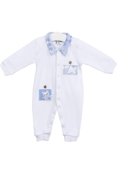 Aziz Bebe 6689 Erkek Bebek Beyaz Ayı Figürlü Uzun Kollu Çıtçıtlı Tulum