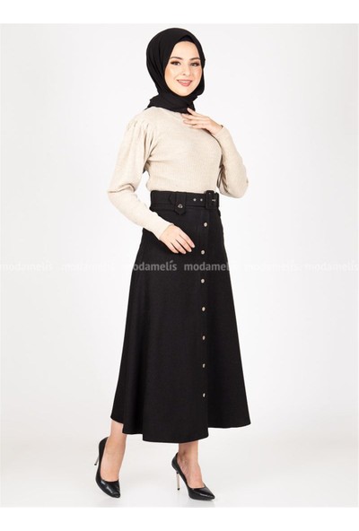 Vamelya Kemerli Kaşe Etek Siyah
