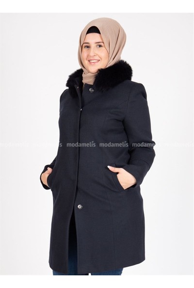 Vamelya Yakası Kürklü Seyyar Kollu Kaşe Kaban Lacivert