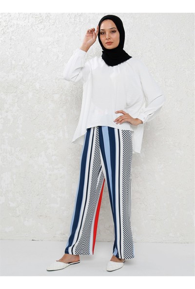Vamelya Şerit Desenli Salaş Pantolon Mavi Vamelya Şerit Desenli Salaş Pantolon Mavi