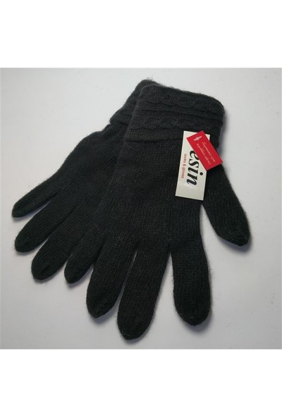 Esin Kadın Lamswool Bileği Saç Örgü Aksesuarlı Eldiven Siyah