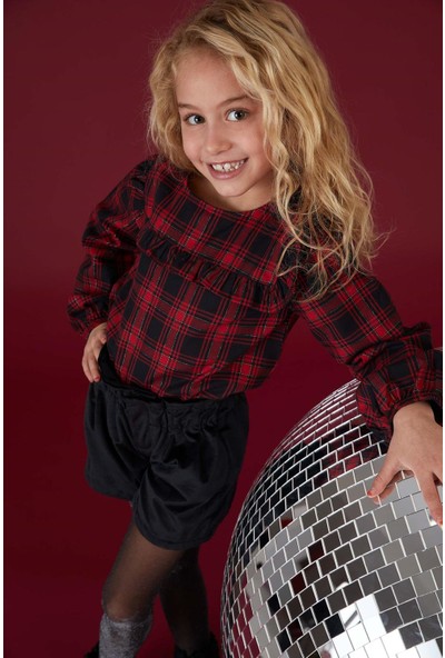 DeFacto Kız Çocuk Bisiklet Yaka Yılbaşı Temalı Kareli Uzun Kollu Flanel Bluz S6093A620WN