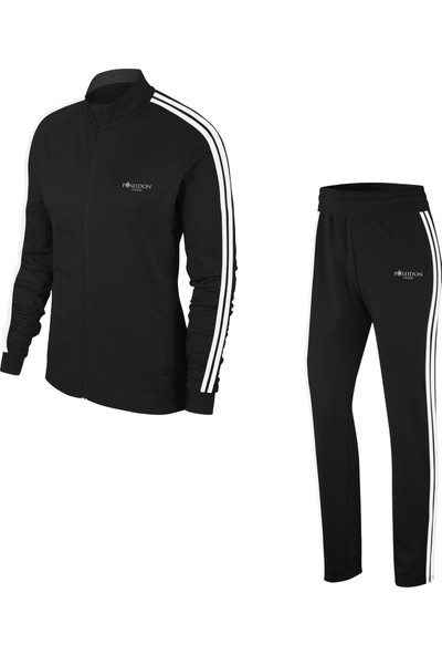 Poseidon Storm Kadın Siyah Günlük Sporcu Eşofman Takımı S-3xl Beyaz Çift Şerit - M2