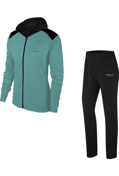 Poseidon Storm Kadın Su Yeşili Günlük Sporcu Eşofman Takımı S-3xl Siyah Kapüşon - M5