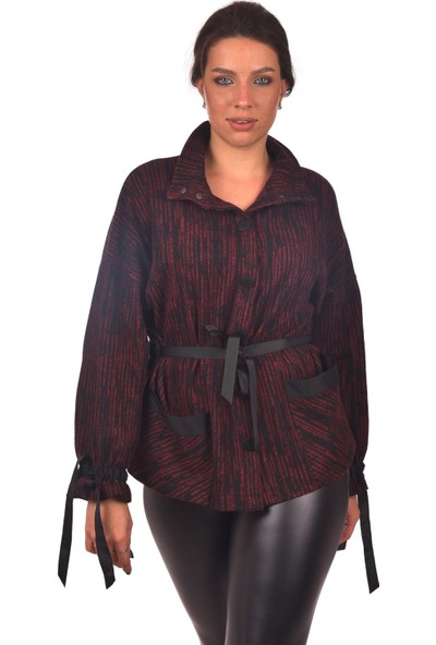 Ultimod Bordo Bağcık Detaylı Büyük Beden Kadın Ceket ULT3861