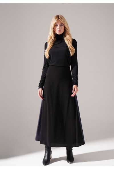Mizalle Denim Detaylı Maroken Etek (Siyah) Mizalle Denim Detaylı Maroken Etek (Siyah)