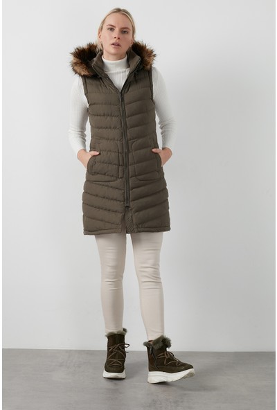 Lela Ekstra Dar Kesim Kapüşonlu Uzun Şişme Yelek