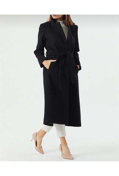 Aclassics Siyah Yakalı Kuşak Kapama Yün Kaşe Manto Kaban