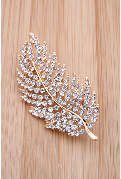 Pelin Aksesuar Gold Taşlı Tüy Şekilli Broş