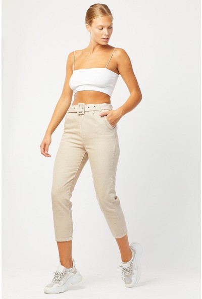 Gimer Avm Kalın Kemerli Yüksek Bel Keten Pantolon