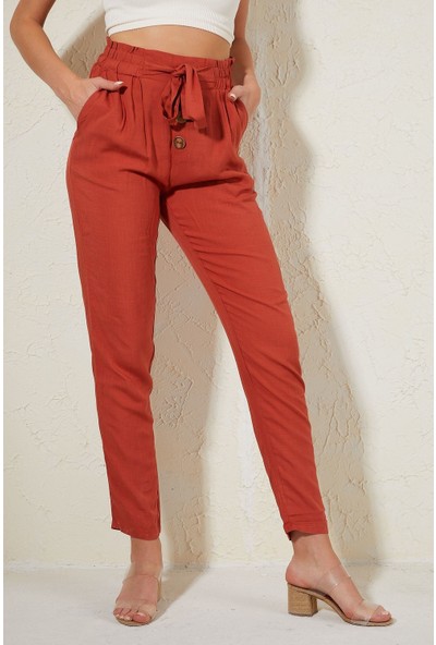 Gimer Avm Beli Lastikli Düğmeli Keten Pantolon