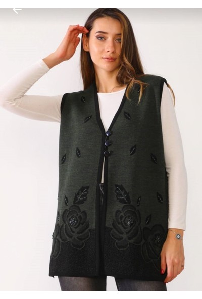 Belin Kadın Haki Siyah Boncuk Işlemeli Yelek
