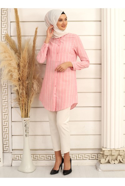 Por La Cara Çizgili Gömlek Tunik Pembe