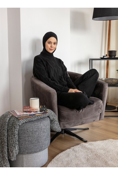 Por La Cara Saç Örgü Beli Lastikli Pantolon Triko Takım Siyah Por La Cara Saç Örgü Beli Lastikli Pantolon Triko Takım Siyah