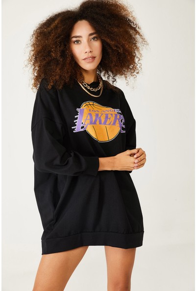 Xhan Siyah Baskılı Kapüşonlu Uzun Oversize Sweatshirt 1KXK6-44418-02