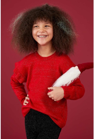 DeFacto Kız Çocuk Bisiklet Yaka Yılbaşı Temalı Fırfırlı Kazak S6086A620WN