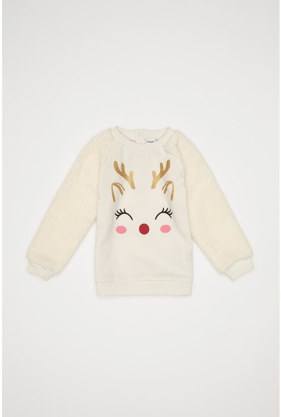 DeFacto Kız Bebek Regular Fit Yılbaşı Temalı Geyik Baskılı İçi Yumuşak Tüylü Sweatshirt S6798A220WN DeFacto Kız Bebek Regular Fit Yılbaşı Temalı Geyik Baskılı İçi Yumuşak Tüylü Sweatshirt S6798A220WN