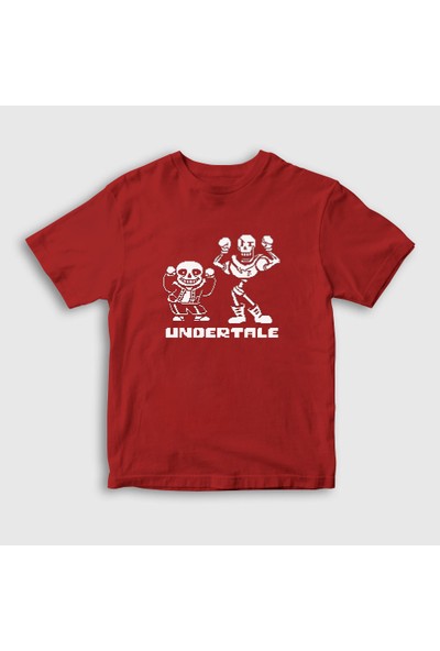 Presmono Unisex Çocuk Kırmızı Sans Papyrus Undertale T-Shirt