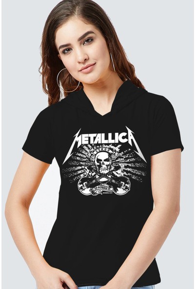 Rock & Roll Metallica Kurukafa Siyah Kapşonlu Kısa Kollu Kadın T-Shirt Rock & Roll Metallica Kurukafa Siyah Kapşonlu Kısa Kollu Kadın T-Shirt