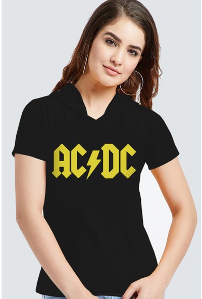 Rock & Roll Acdc Siyah Kapşonlu Kısa Kollu Kadın T-Shirt