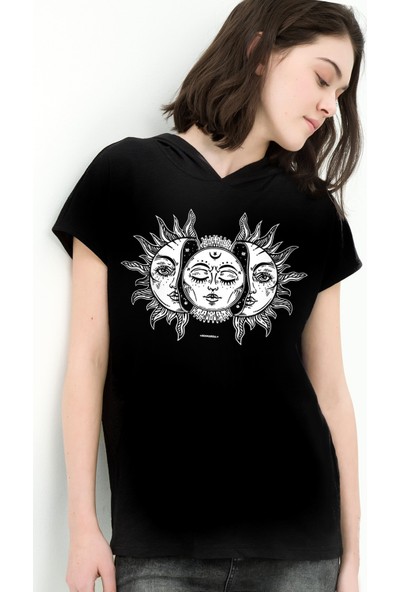 Rock & Roll Ay Güneş Siyah Kapşonlu Kısa Kollu Kadın T-Shirt