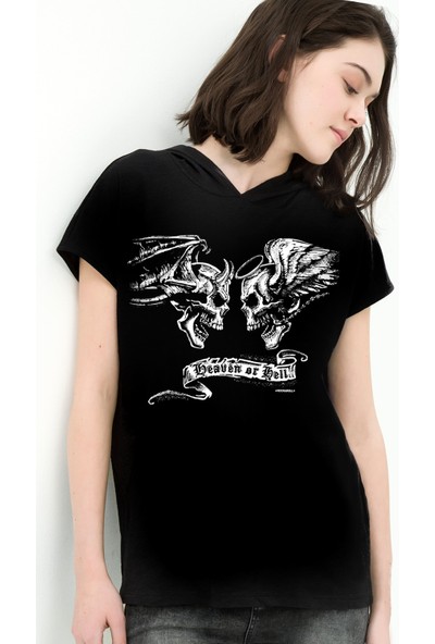 Rock & Roll Melek Şeytan Siyah Kapşonlu Kısa Kollu Kadın T-Shirt
