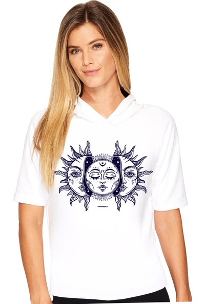 Rock & Roll Ay Güneş Beyaz Kapşonlu Kısa Kollu Kadın T-Shirt Rock & Roll Ay Güneş Beyaz Kapşonlu Kısa Kollu Kadın T-Shirt