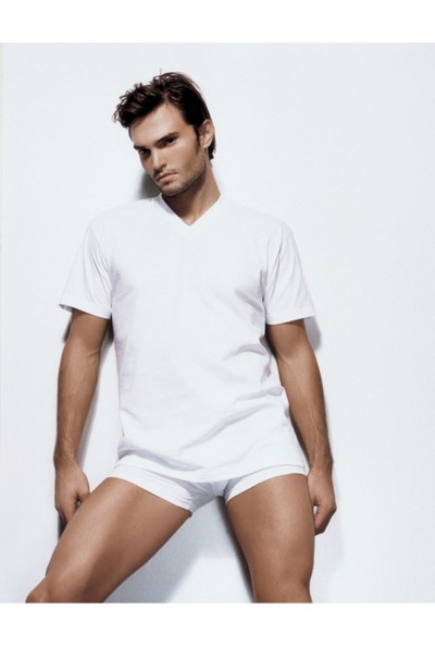 Çift Kaplan 1 Adet Erkek Beyaz Süprem V Yaka T-Shirt Fanila Abnçk 945