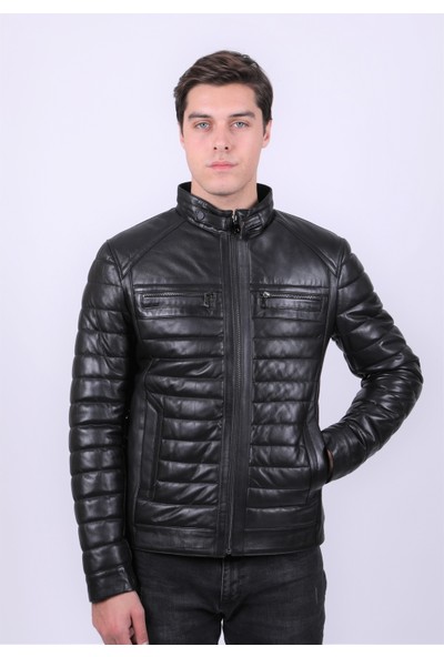 Zaya Deri Erkek Şişme Siyah Deri Mont