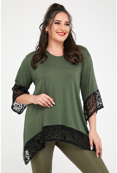 Siyezen Büyük Beden Haki Kol Ucu ve Etek Ucu Dantel Bluz