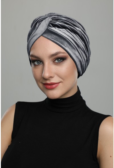 Fidan Bone Kadife Çapraz Füme Hazır Türban Tesettür Bone