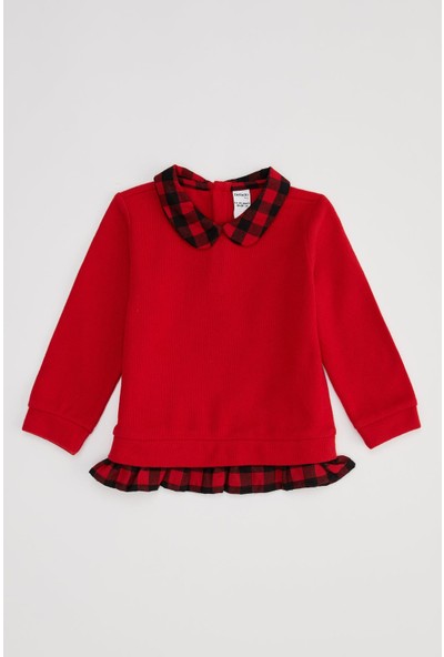 DeFacto Kız Bebek Bebe Yaka Kareli Yılbaşı Temalı Selanik Kumaş Sweatshirt S6793A220WN