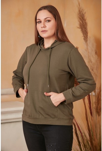 Rmg Kapşonlu Büyük Beden Haki Sweatshirt