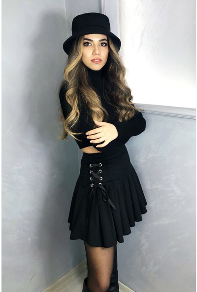 Kadife Pileli Ip Detaylı Mini Etek