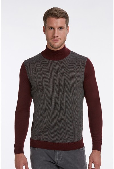 Hemington Erkek Boğazlı Ipek Yün Bordo Siyah Triko