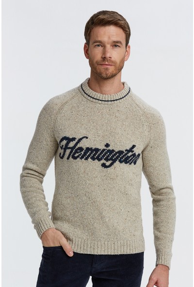 Hemington Erkek Logolu Bej Yün Kazak