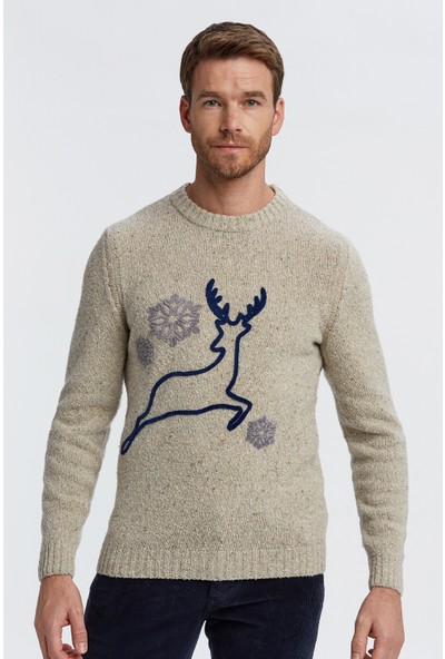 Hemington Erkek Geyik Nakışlı Bej Yün Kazak