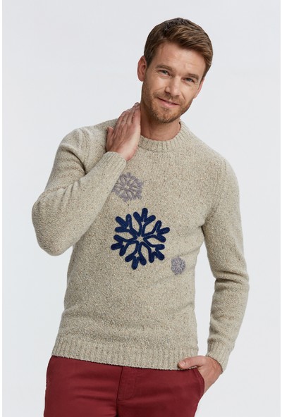 Hemington Erkek Kar Desen Nakışlı Bej Yün Kazak