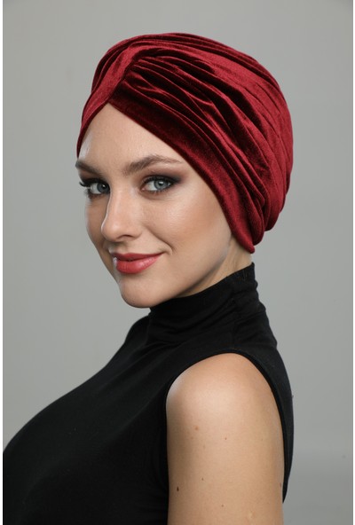 Fidan Bone Kadife Çapraz Bordo Hazır Türban Tesettür Bone