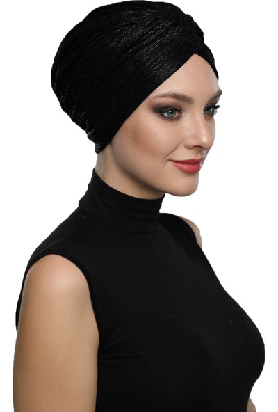 Fidan Bone Simli Çapraz Astarlı Siyah Hazır Türban Tesettür Bone