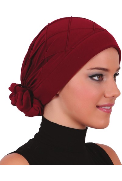 Fidan Bone Fidan Lüks Nervürlü Arkası Şifon Aksesuarı Bordo Hazır Bone