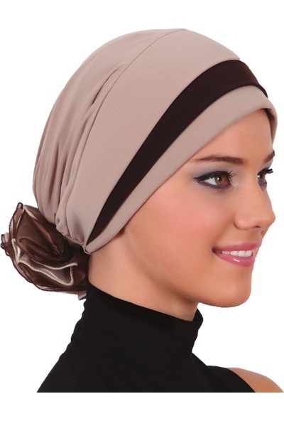 Fidan Bone Fidan Katlı Arkası Organze Güllü Bej Kahve Hazır Bone