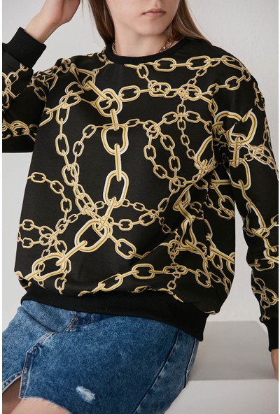 Waqpoo Zincir Desenli Sweat - Siyah