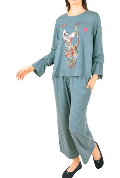 Nicoletta Lacivert Kadın Pijama Takımı Uzun Kollu Viskon