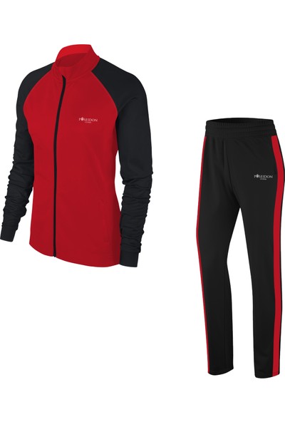 Poseidon Storm Büyük Beden Kadın Kırmızı Günlük Sporcu Eşofman Takımı 4xl-8xl - Kolları Siyah - M6