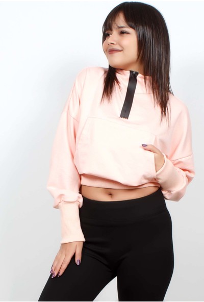 Coal Giyim Kadın Cepli Fermuarlı Ribanalı Pudra Pembe Crop Top Sweatshirt
