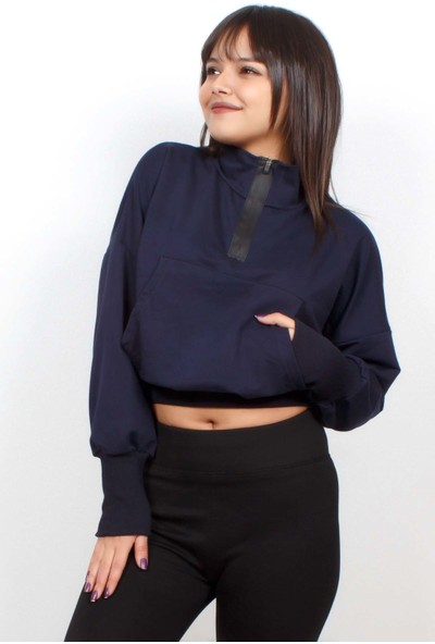 Coal Giyim Kadın Cepli Fermuarlı Ribanalı Lacivert Crop Top Sweatshirt